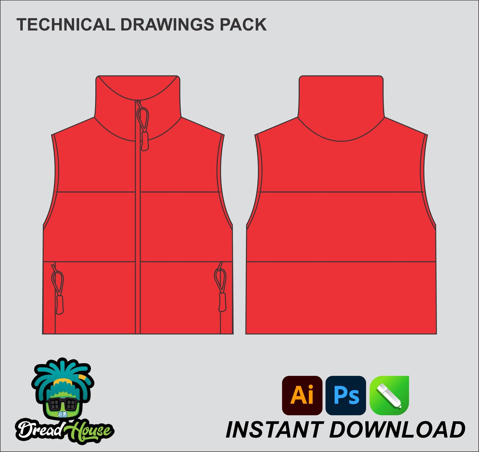 Vest Jacket Mock up Editable 2D Tech Pack Streetwear Clothing Vector ...