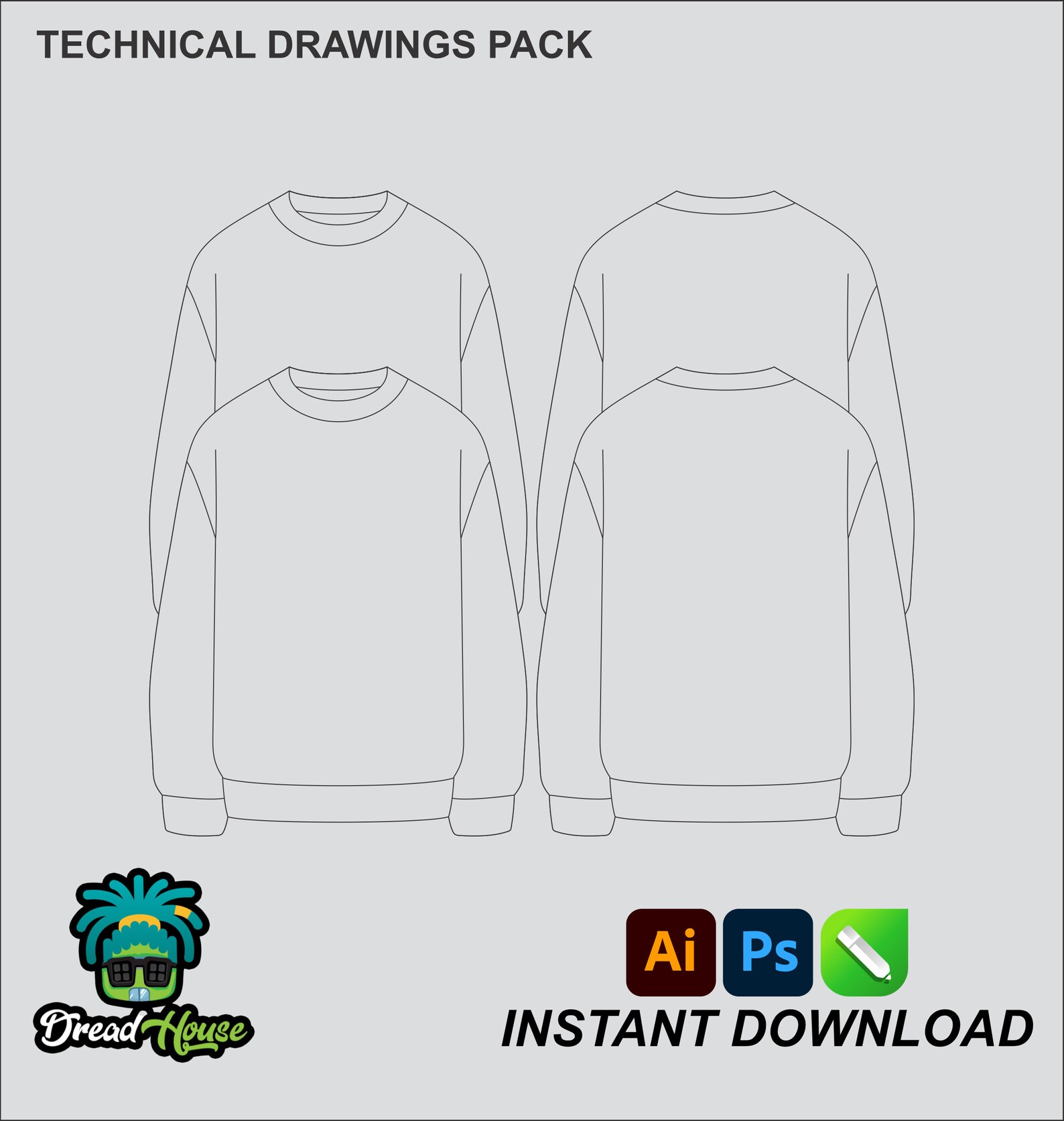 Pullover Sweater Mock up Editable 2D Tech Pack Streetwear Clothing ...