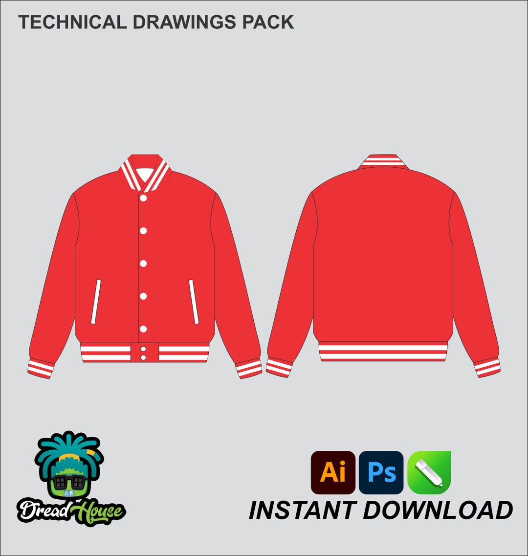 Varsity Jacket Mock up Editable 2D Tech Pack Streetwear Clothing Vector ...