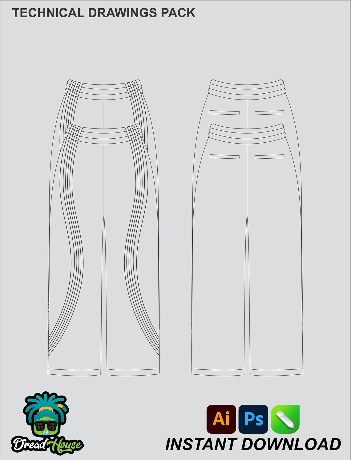 Oversized Sweat Pant Mock up Editable 2D Tech Pack Streetwear Clothing ...