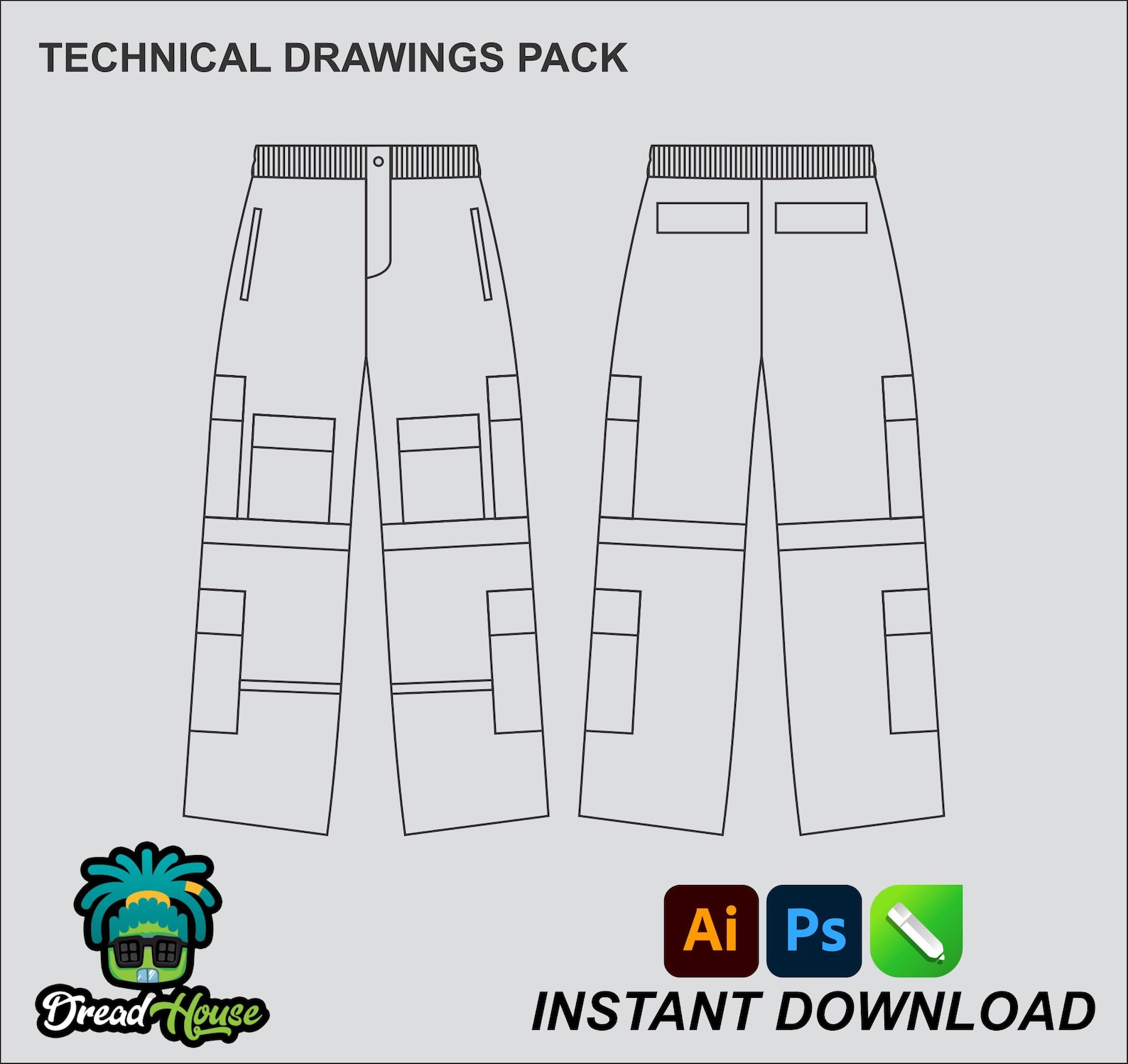 Baggy Cargo Pants Mock up Editable 2D Tech Pack Streetwear Clothing ...
