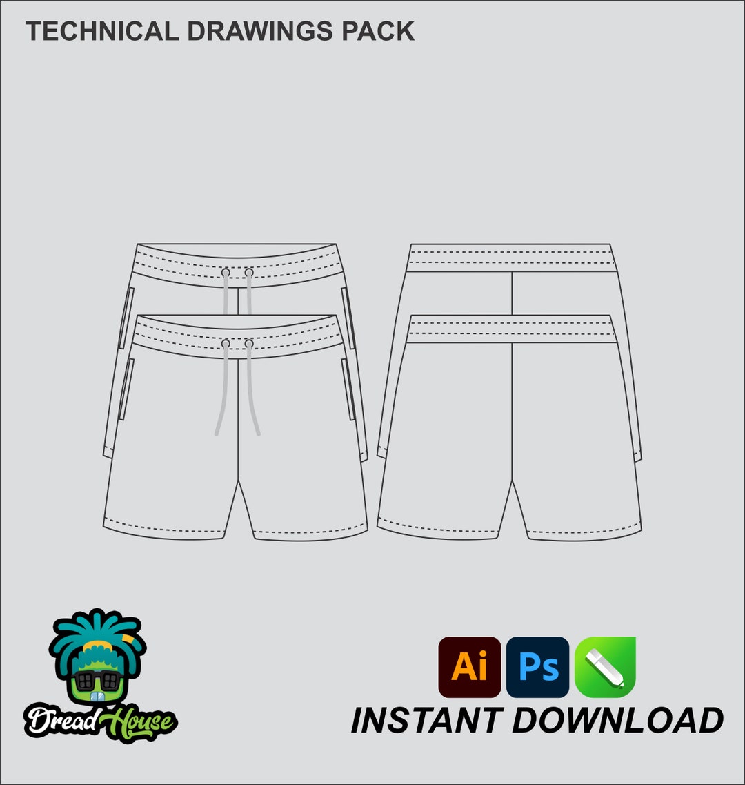 Sweat Shorts Mock up Editable 2D Tech Pack Streetwear Clothing Vector ...