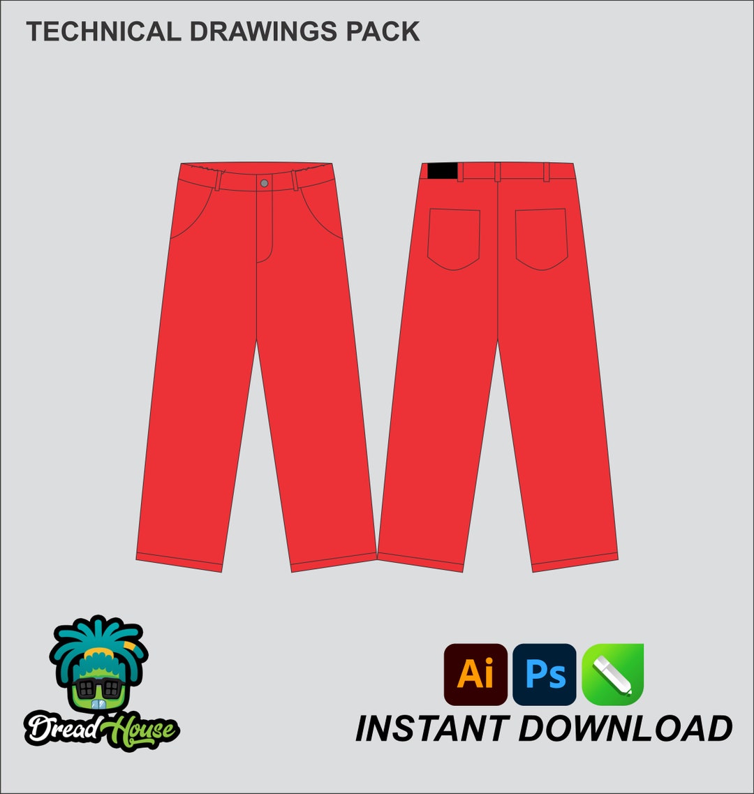 Long Denim Pant Mock up Editable 2D Tech Pack Streetwear Clothing ...