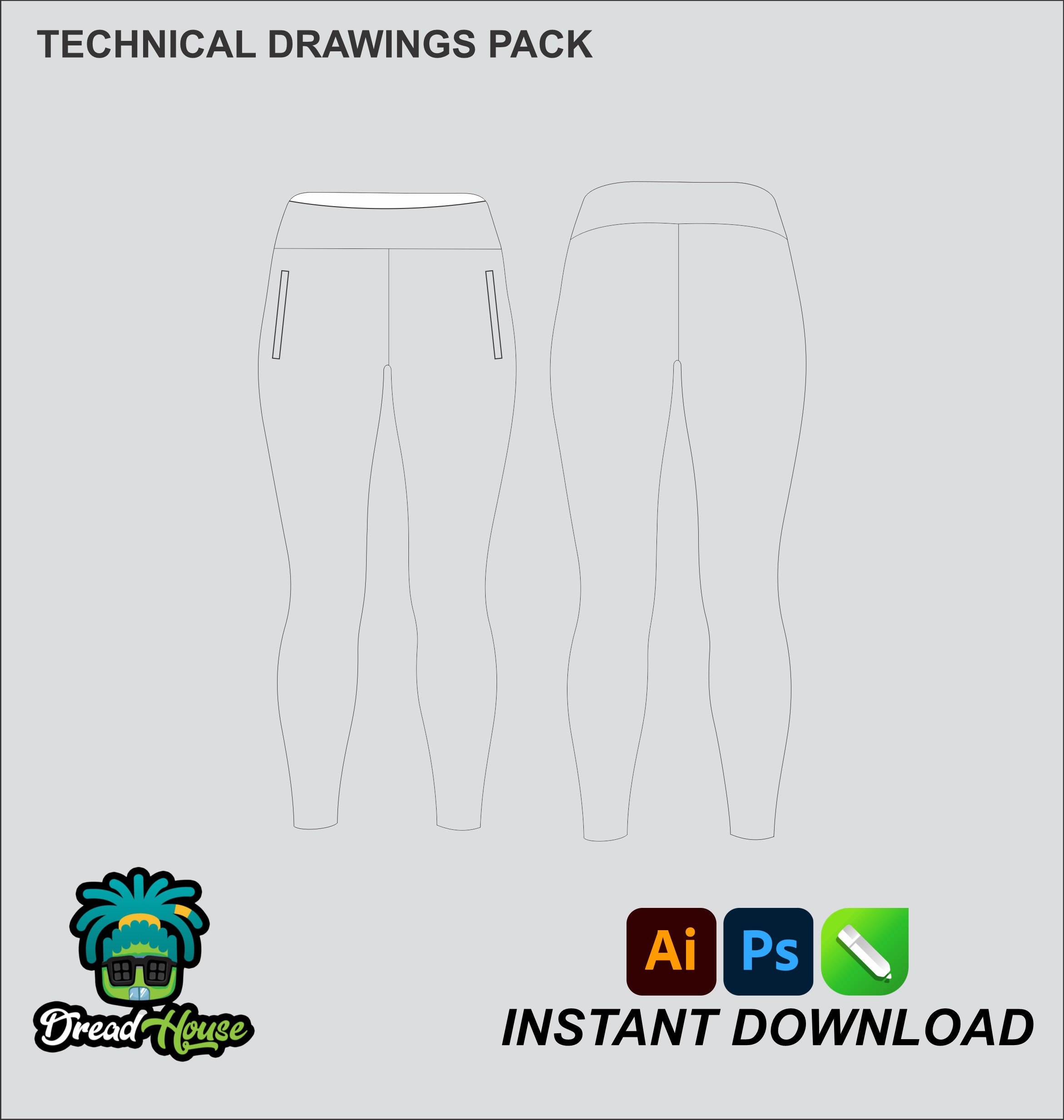 Legging Pants Mock up Editable 2D Tech Pack Streetwear Clothing Vector ...