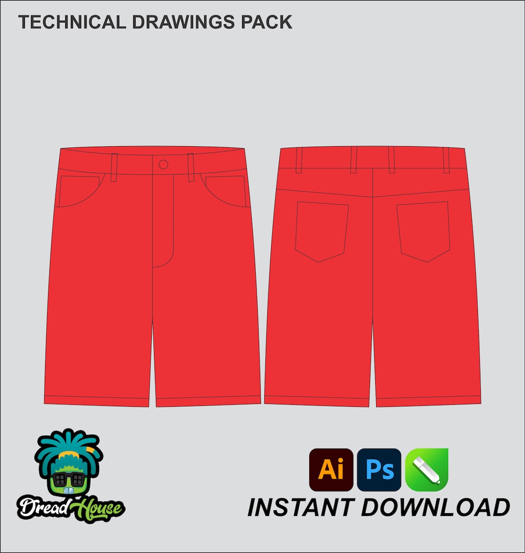 Denim Shorts Jorts Mock up Editable 2D Tech Pack Streetwear Clothing ...
