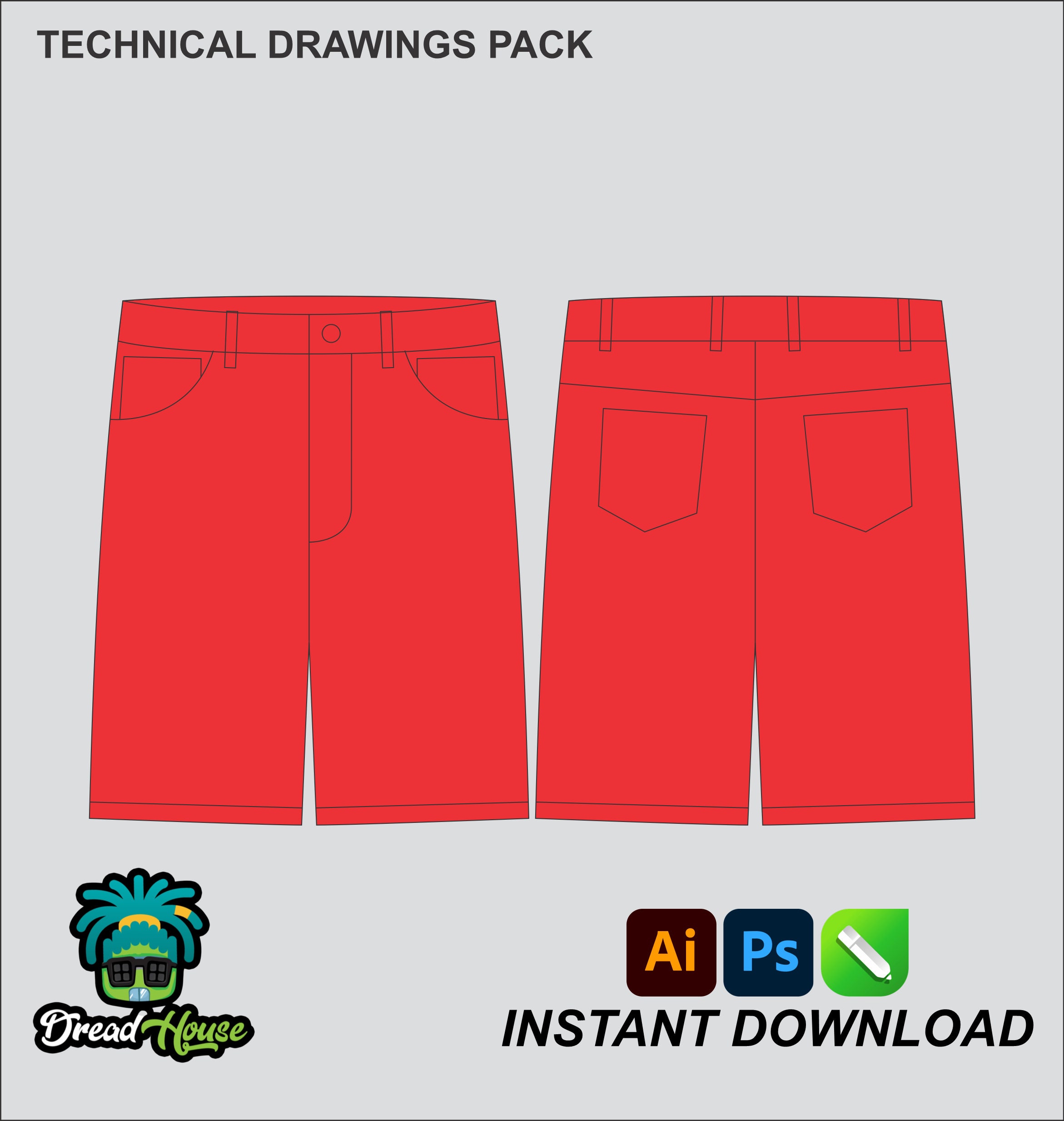 Denim Shorts Mock up Editable 2D Tech Pack Streetwear Clothing Vector ...