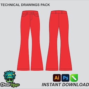 Flared Denim Pant Mock up Editable 2D Tech Pack Streetwear Clothing ...