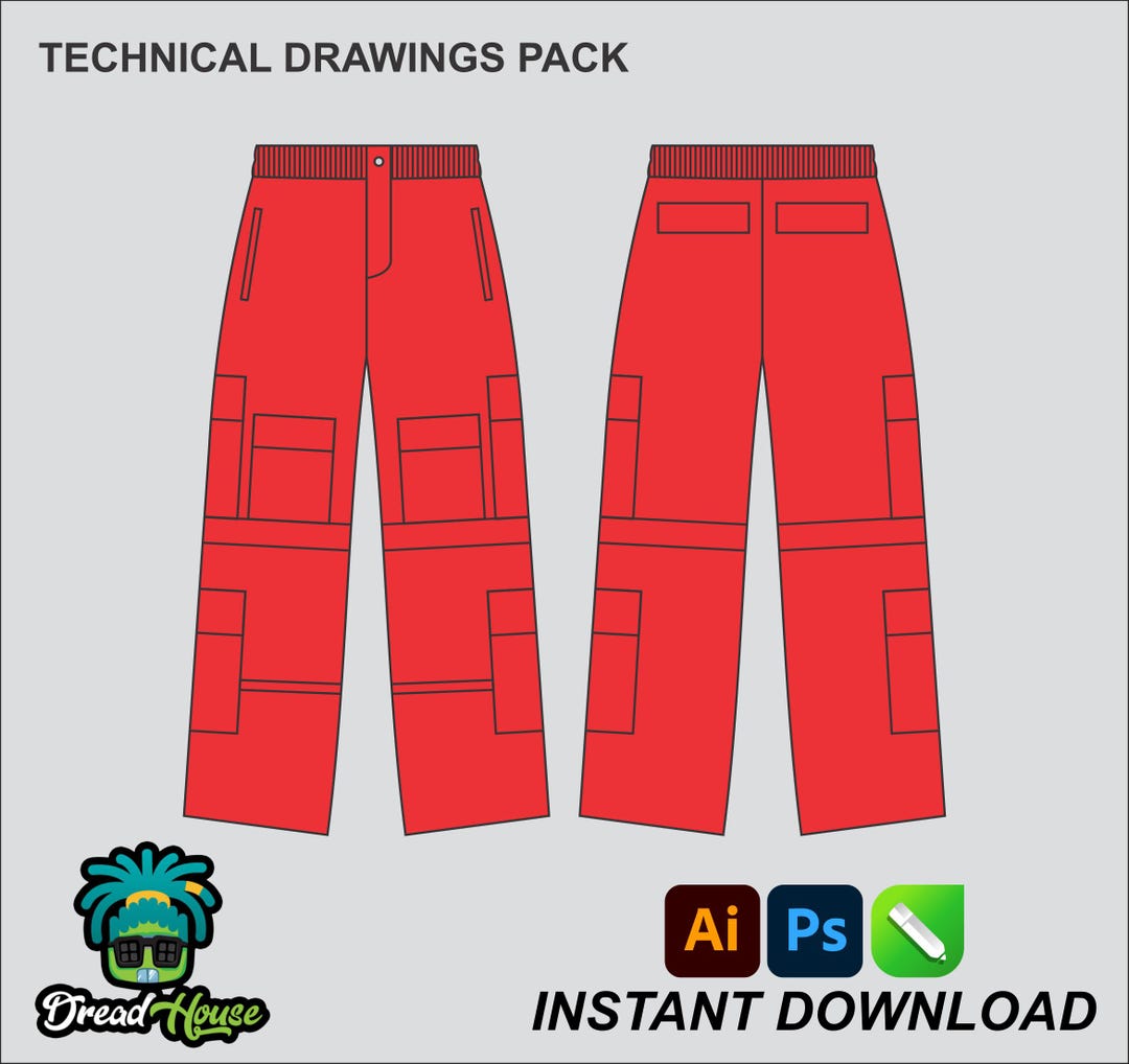 Baggy Cargo Pants Mock up Editable 2D Tech Pack Streetwear Clothing ...