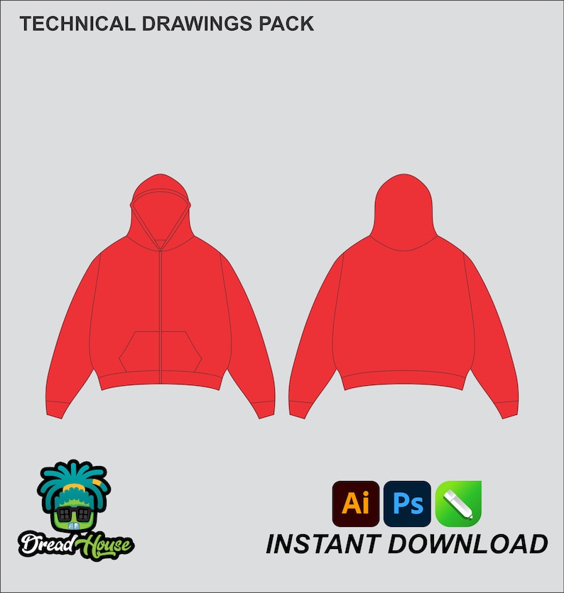 Oversized Hoodie Mock up Editable 2D Tech Pack Streetwear Clothing ...