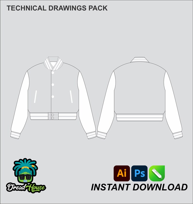 Cropped Varsity Jacket Mock up Editable 2D Tech Pack Streetwear Clothing Vector Template Wide ...