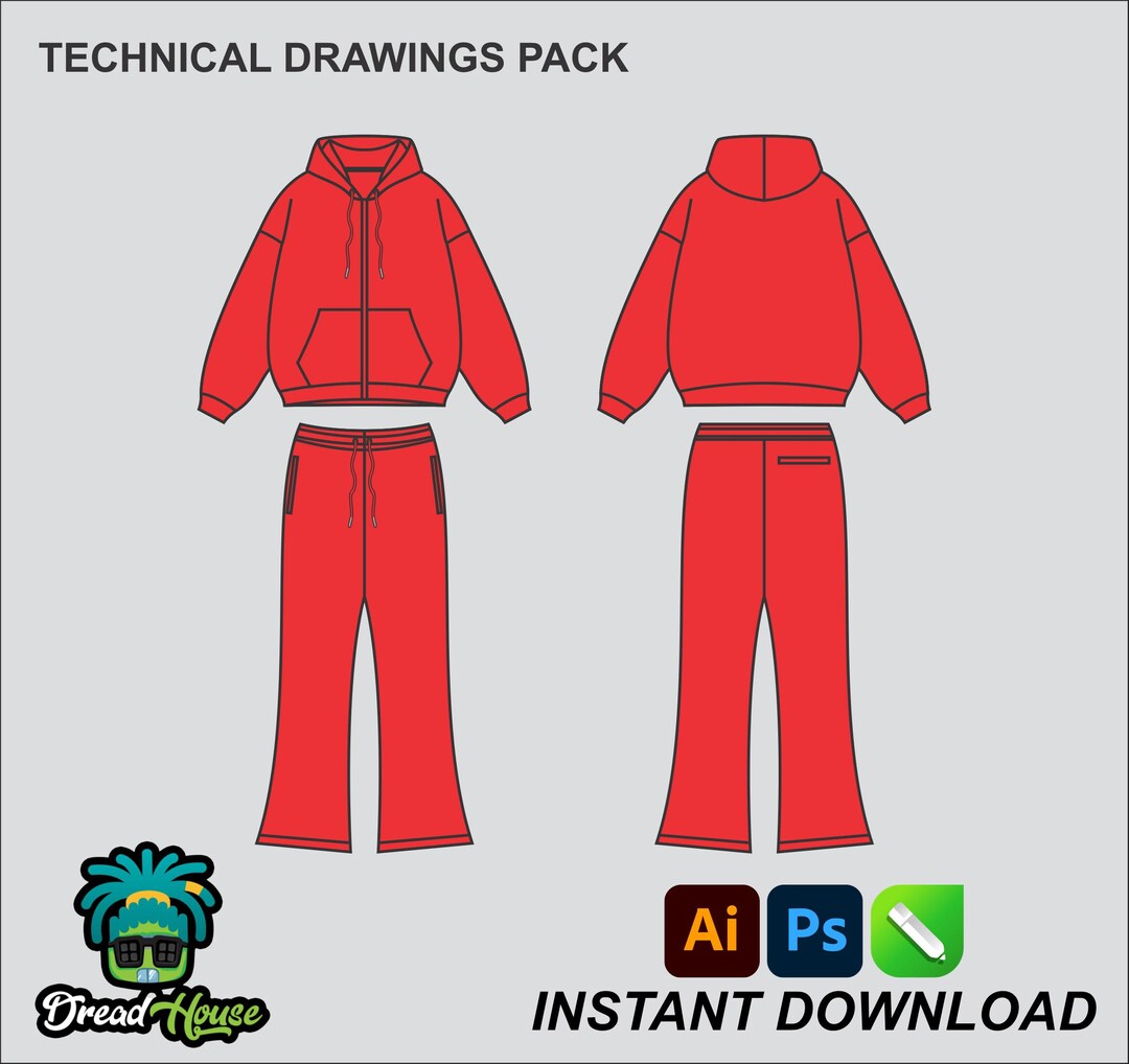 Flared Sweatsuit Mock up Editable 2D Mbl Tech Pack Streetwear Clothing ...