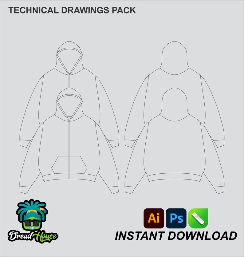 Oversized Hoodie Mock up Editable 2D Tech Pack Streetwear Clothing ...