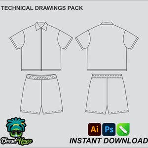 Boxy Fit Short Set Mock up Editable 2D Tech Pack Streetwear Clothing ...