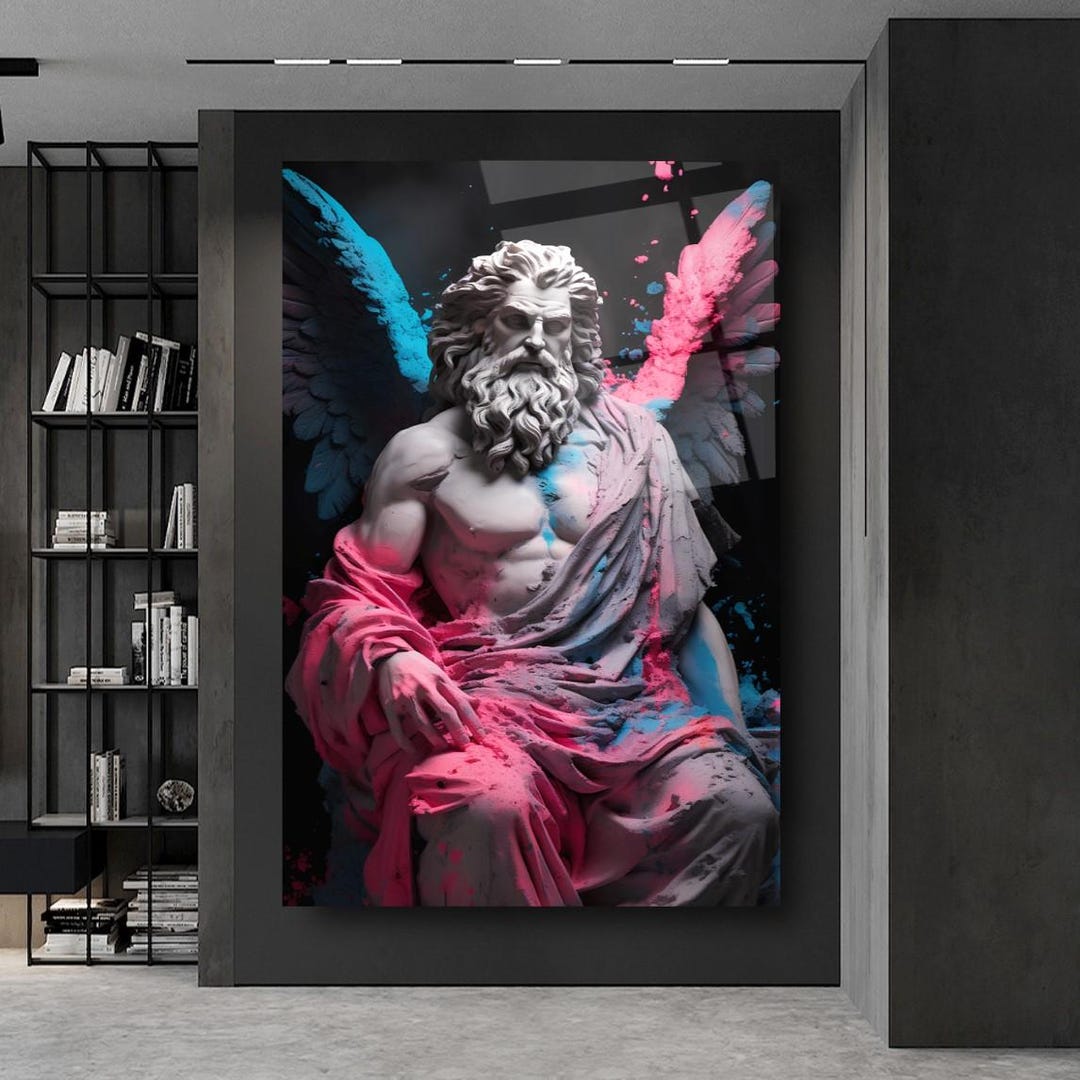 Zeus Ancient Greek God Angel Modern Blue Pink Color Stylish Glass Wall ...