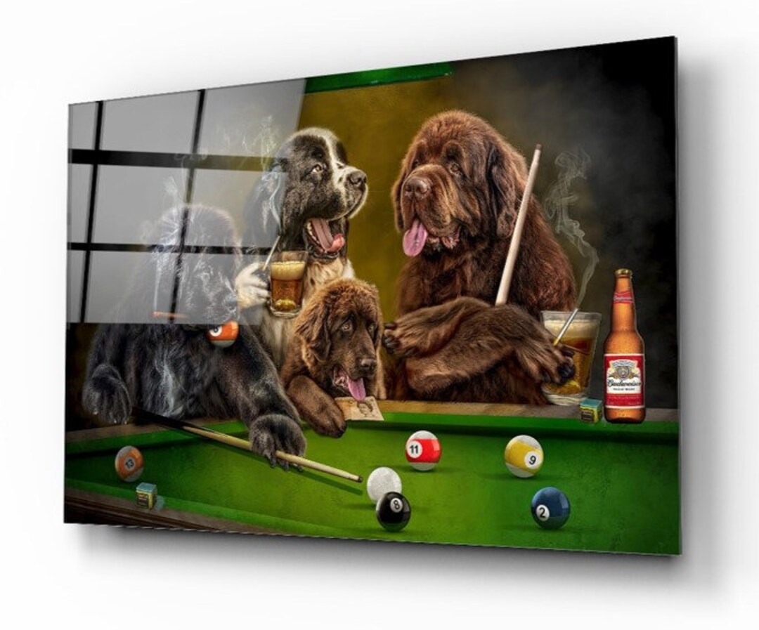Dog Play Billiard Glass Printing Wall Art Glass Wall Art Home ...