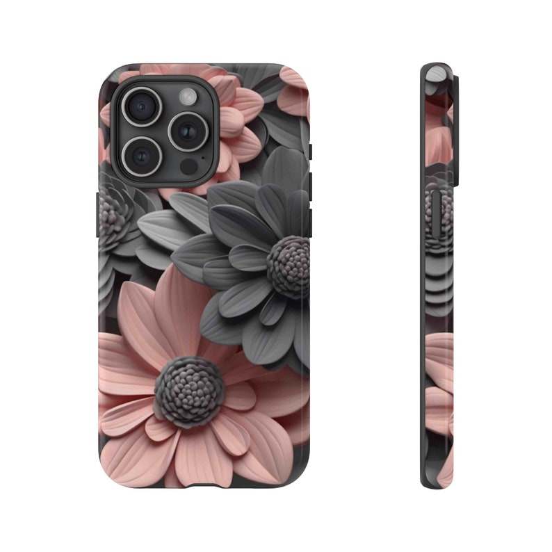 Pink and Grey Flowers Tough Phone Case, Floral Phone Cover, Impact ...