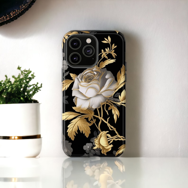 White Gold Rose Tough Phone Case, Floral Phone Cover, Impact Resistant ...