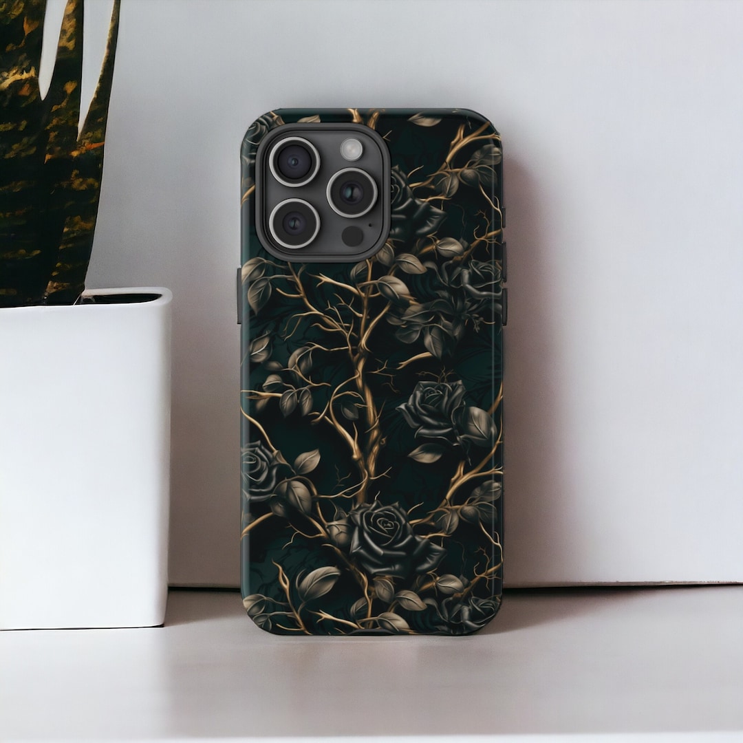 Gothic Black Roses Tough Phone Case, Dark Botanical Floral Phone Cover ...