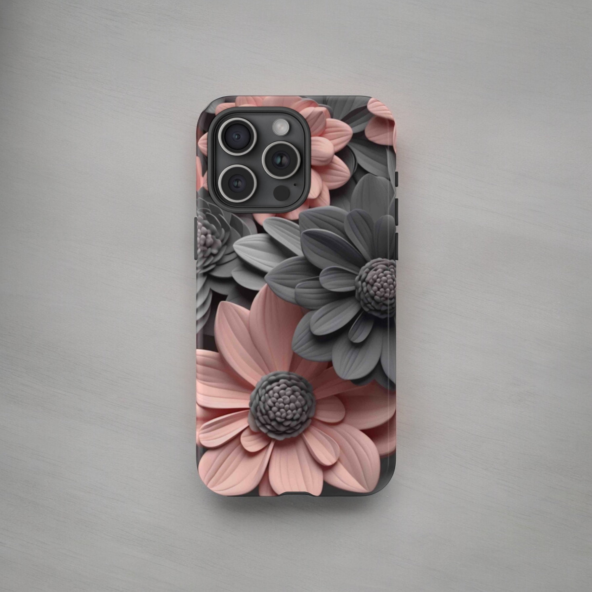 Pink and Grey Flowers Tough Phone Case, Floral Phone Cover, Impact ...