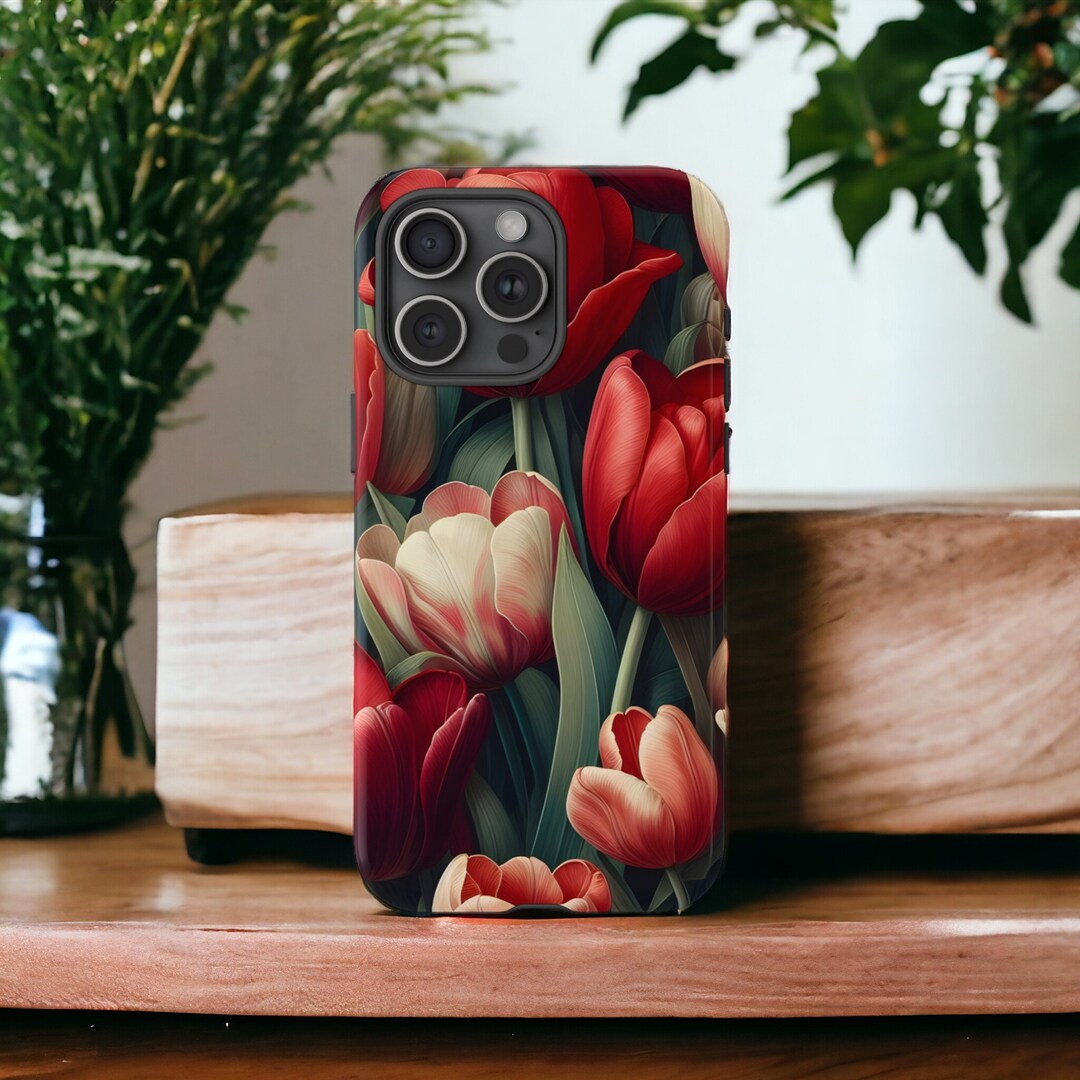 Vibrant Red Tulips Tough Phone Case, Elegant Spring Blossom Case ...