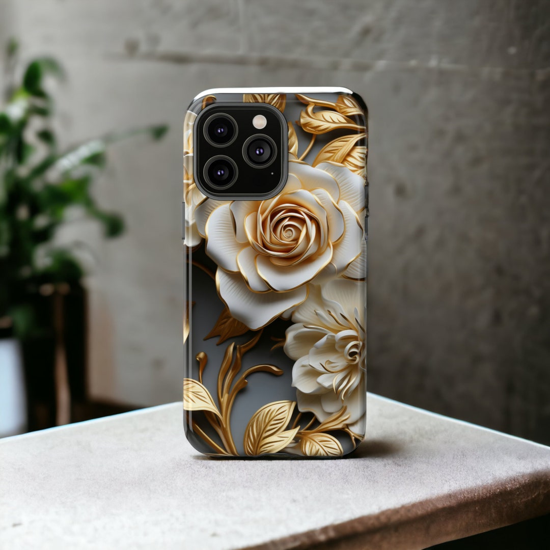 White Roses Tough Phone Case, Botanical Chic Floral Phone Cover, Spring ...