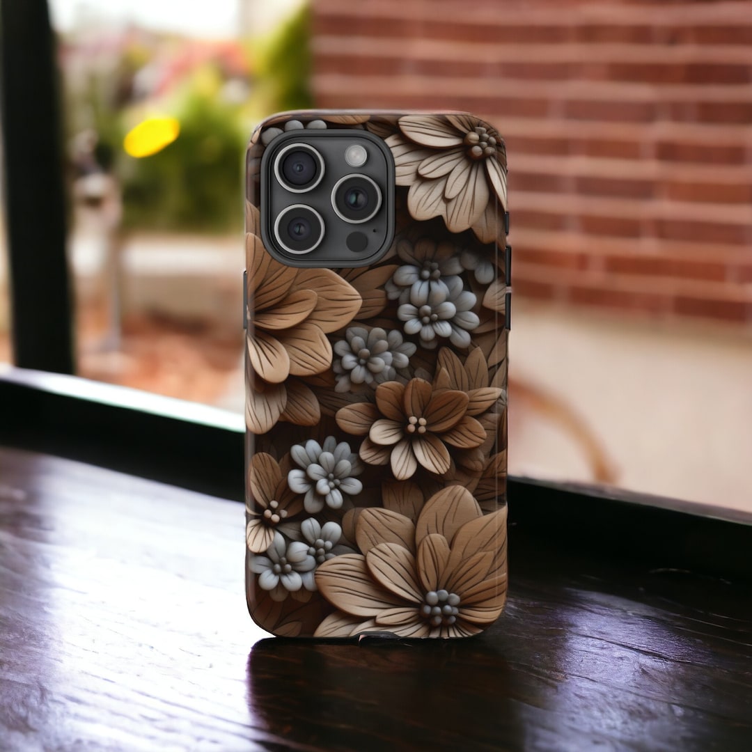 Bohemian Wood Carved Flowers Tough Phone Case, Botanical Phone Case ...