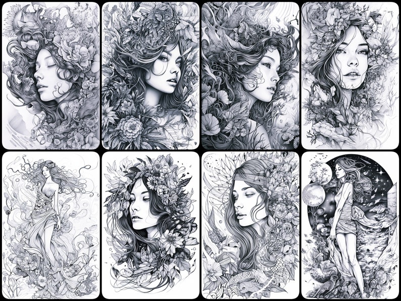 Flower Girls in Fantasy World Coloring Book printable Grayscale Pages ...