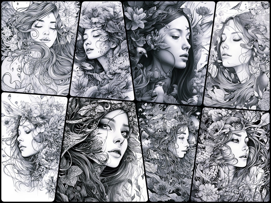 Flower Girls in Fantasy World Coloring Book printable Grayscale Pages ...