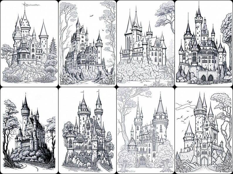 Medieval Castle Coloring Pages, Grayscale Illustrations Castle ...