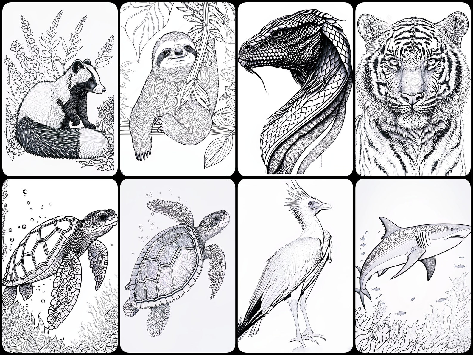 Wildlife Line Art Illustrations for Coloring for Adults, Digital Book ...
