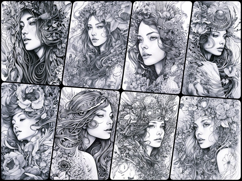 Flower Girls in Fantasy World Coloring Book printable Grayscale Pages ...