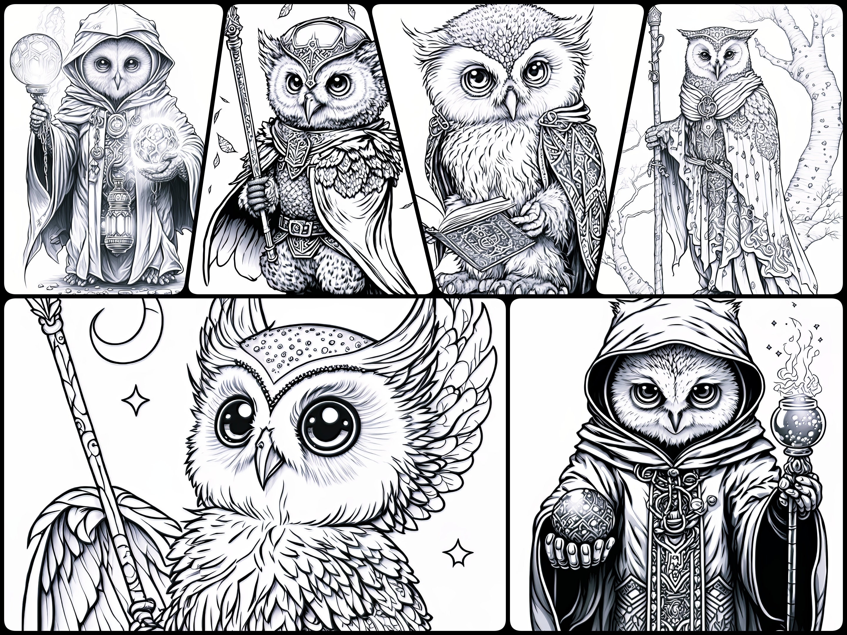 Relaxing Whimsical Owl Creatures Coloring Book for Adults grayscale ...