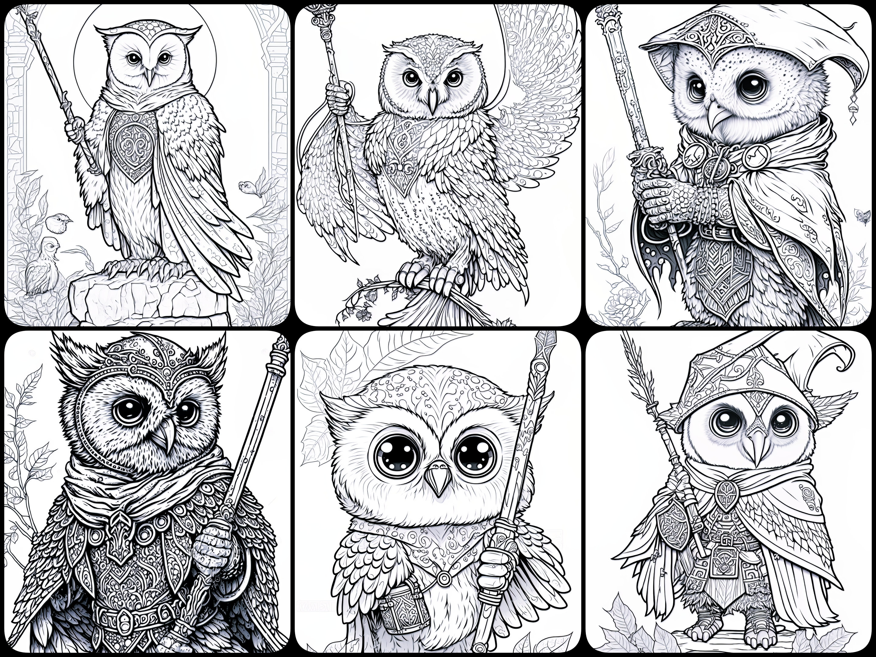 Relaxing Whimsical Owl Creatures Coloring Book for Adults grayscale ...