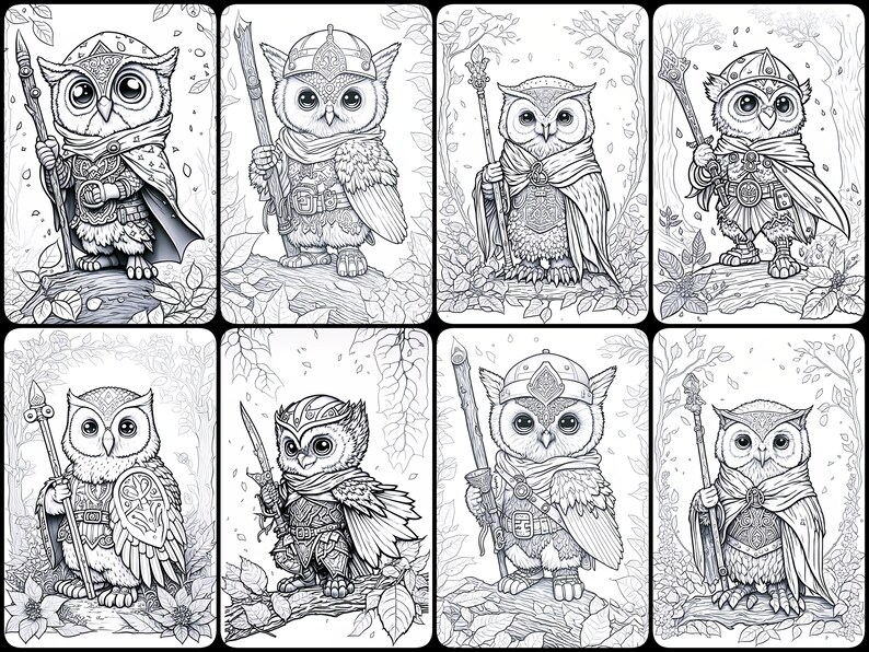 Relaxing Whimsical Owl Creatures Coloring Book for Adults grayscale ...