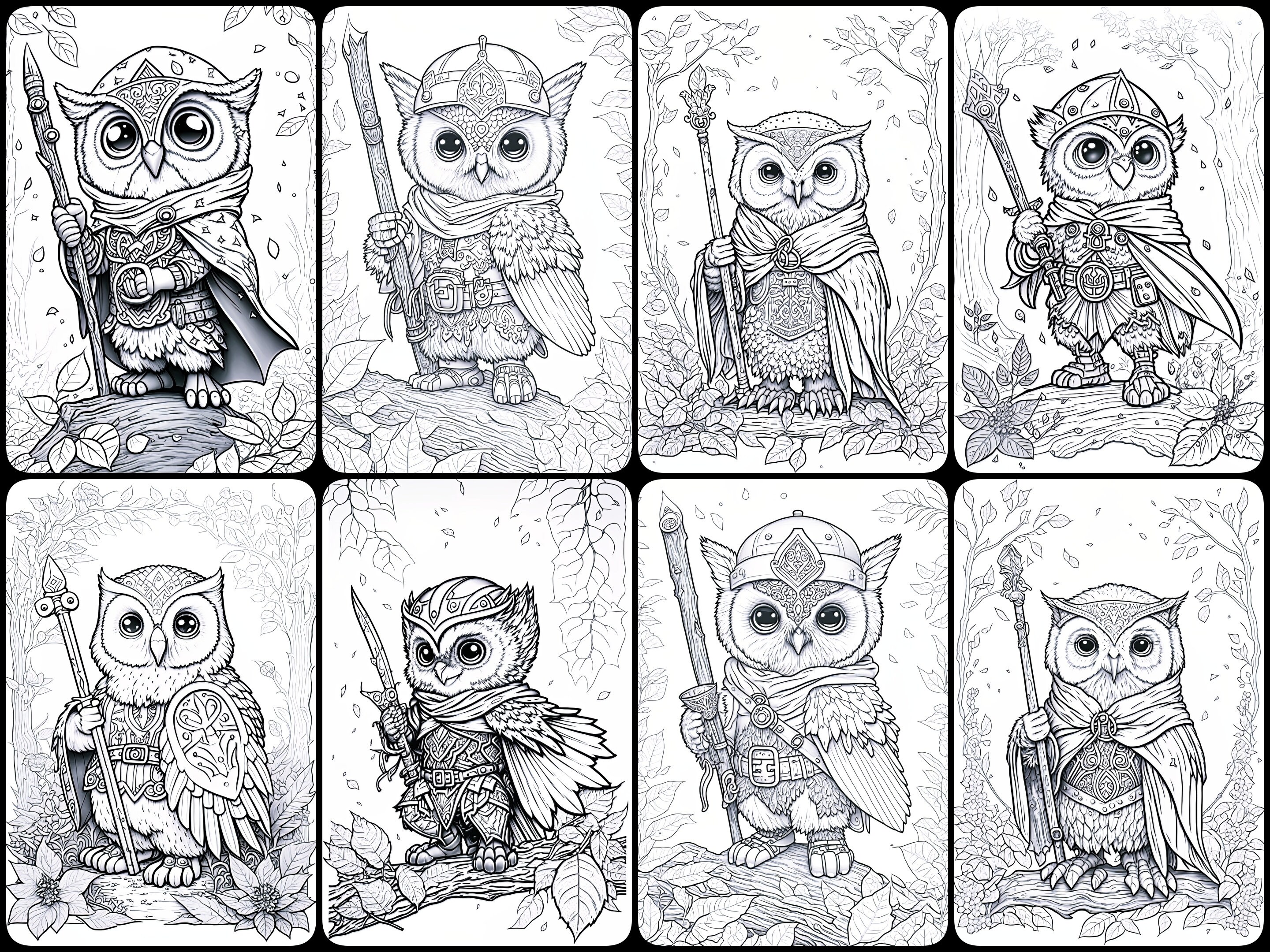 Relaxing Whimsical Owl Creatures Coloring Book for Adults grayscale ...