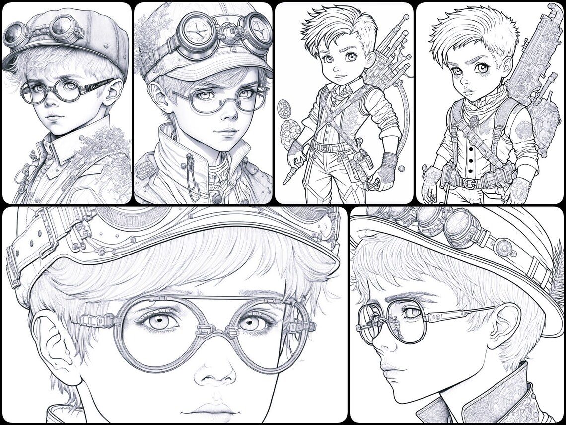 Steampunk Handsome Coloring Book for Kids Digital Download for Creative ...