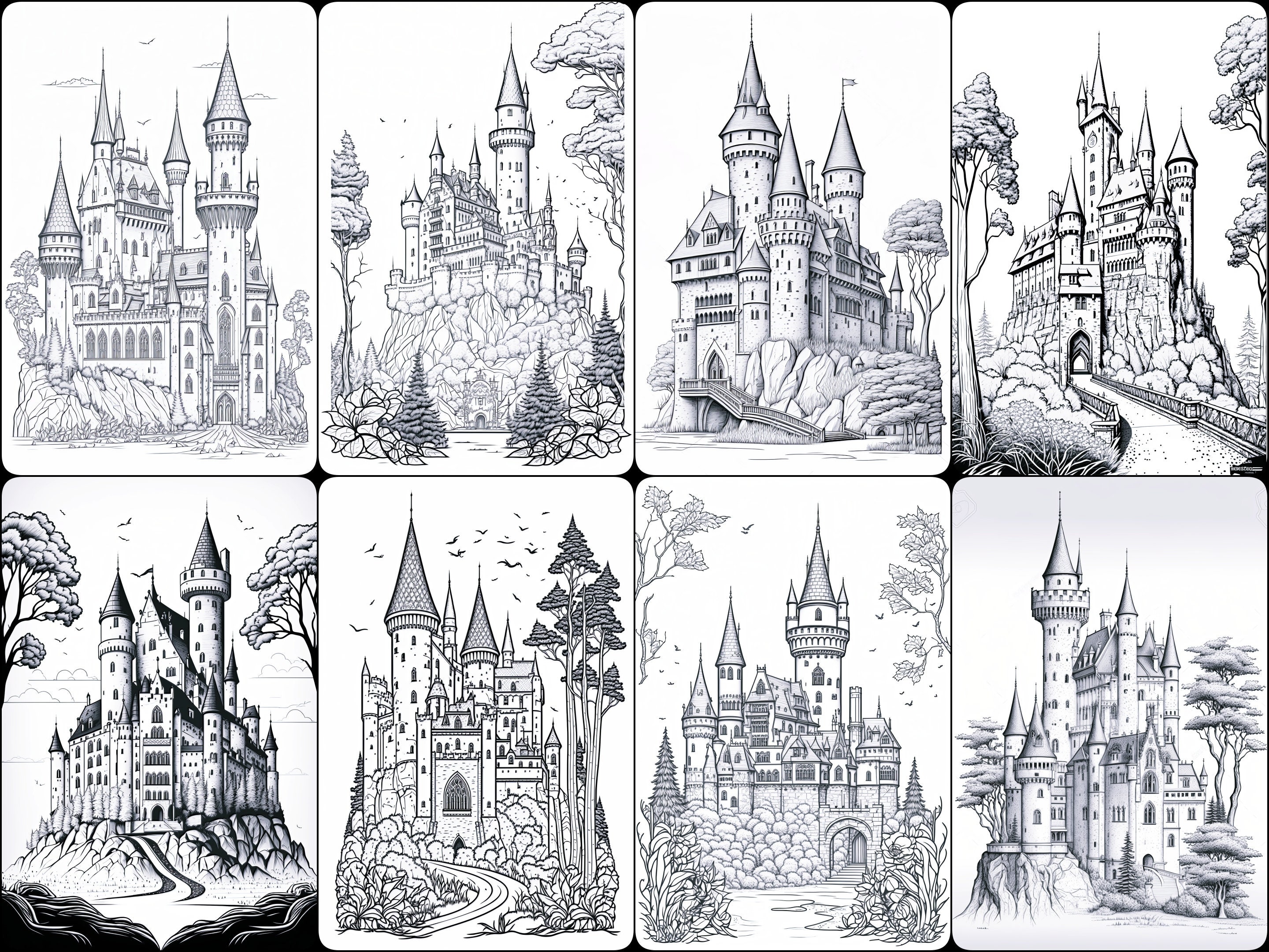 Medieval Castle Coloring Pages, Grayscale Illustrations Castle ...