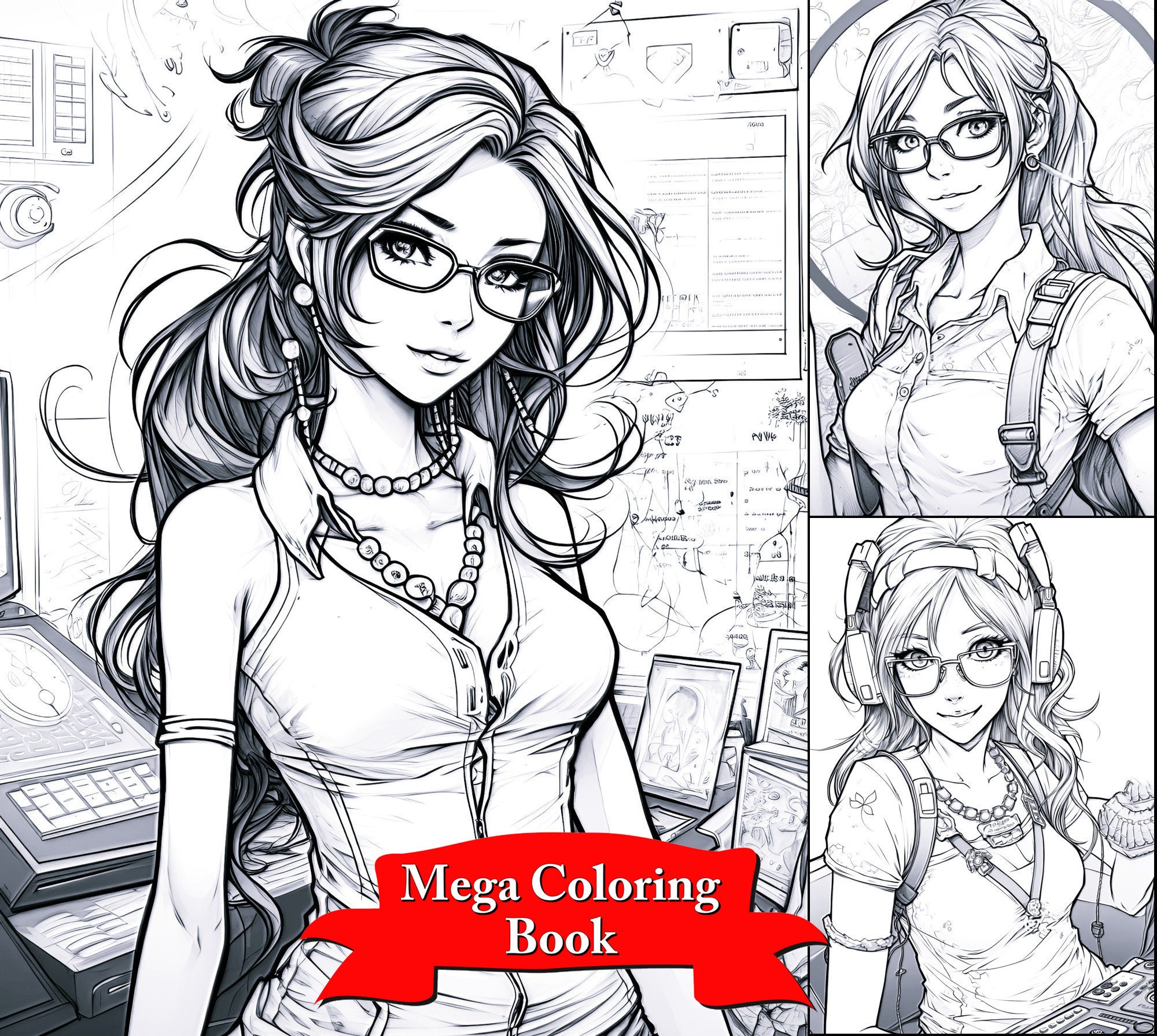 Girl Coloring Book Page Cute Nerdy Gamer Girlfriend With Glasses ...