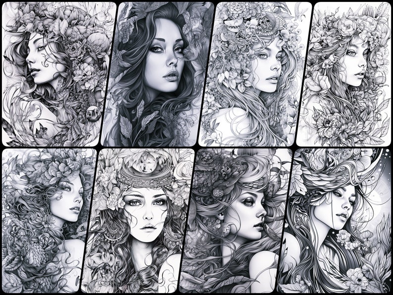 Flower Girls in Fantasy World Coloring Book printable Grayscale Pages ...