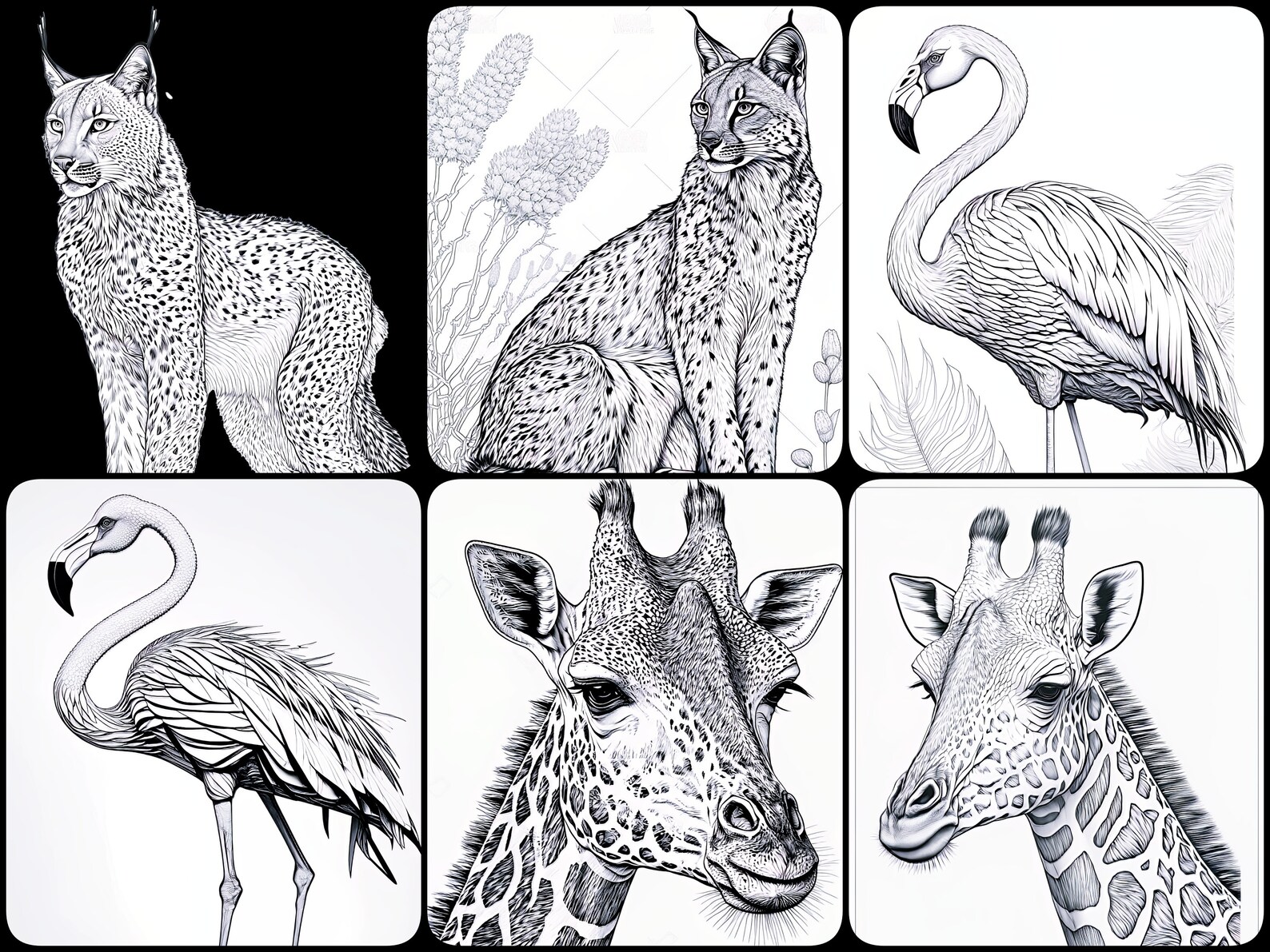 Wildlife Line Art Illustrations for Coloring for Adults, Digital Book ...