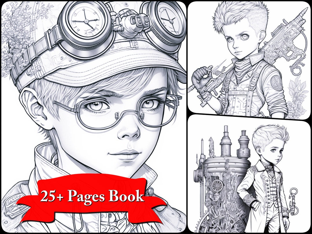 Steampunk Handsome Coloring Book for Kids Digital Download for Creative ...