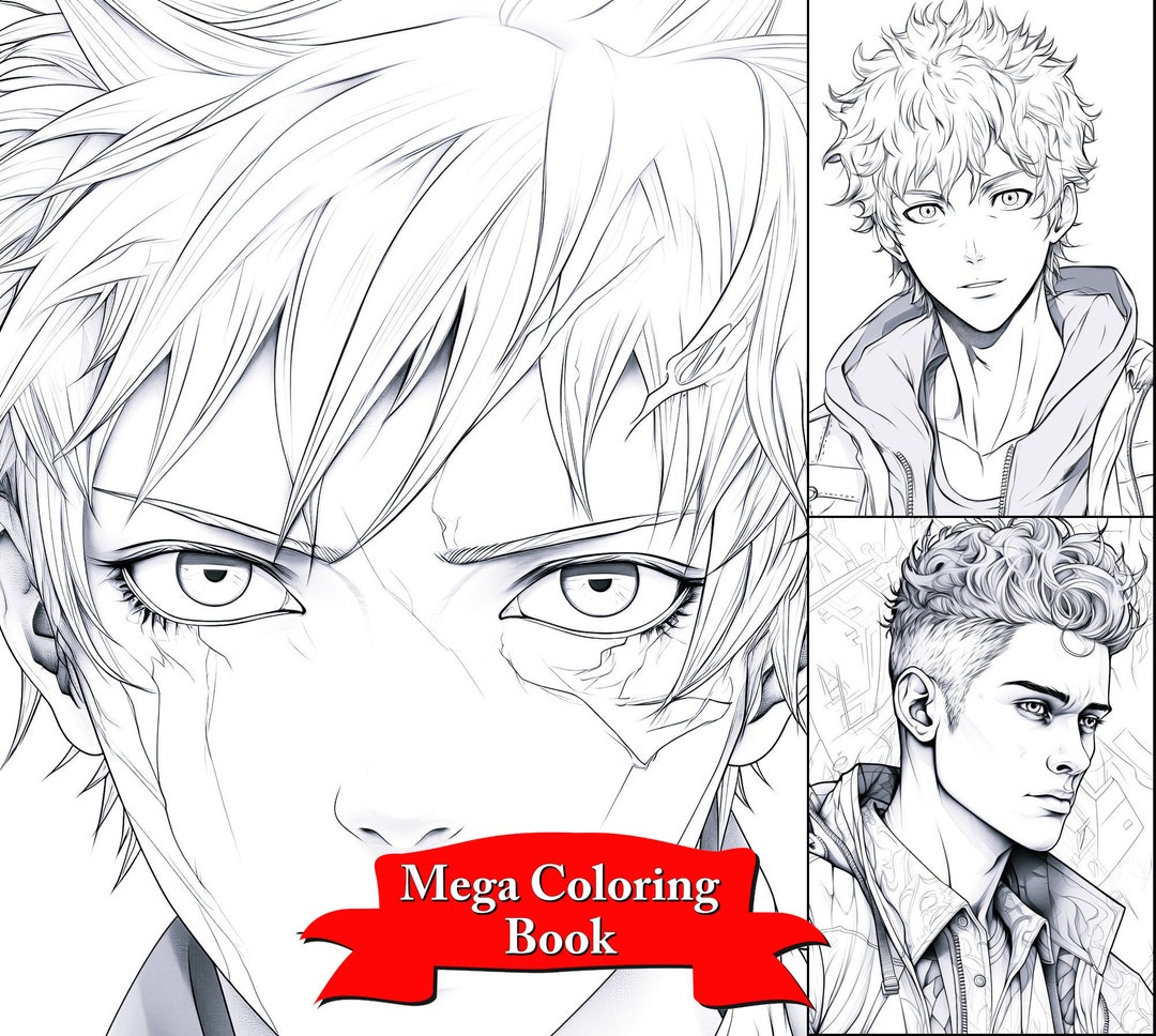 Boy Anime Coloring Book Grey Line Art Coloring (Instant Download) - Etsy