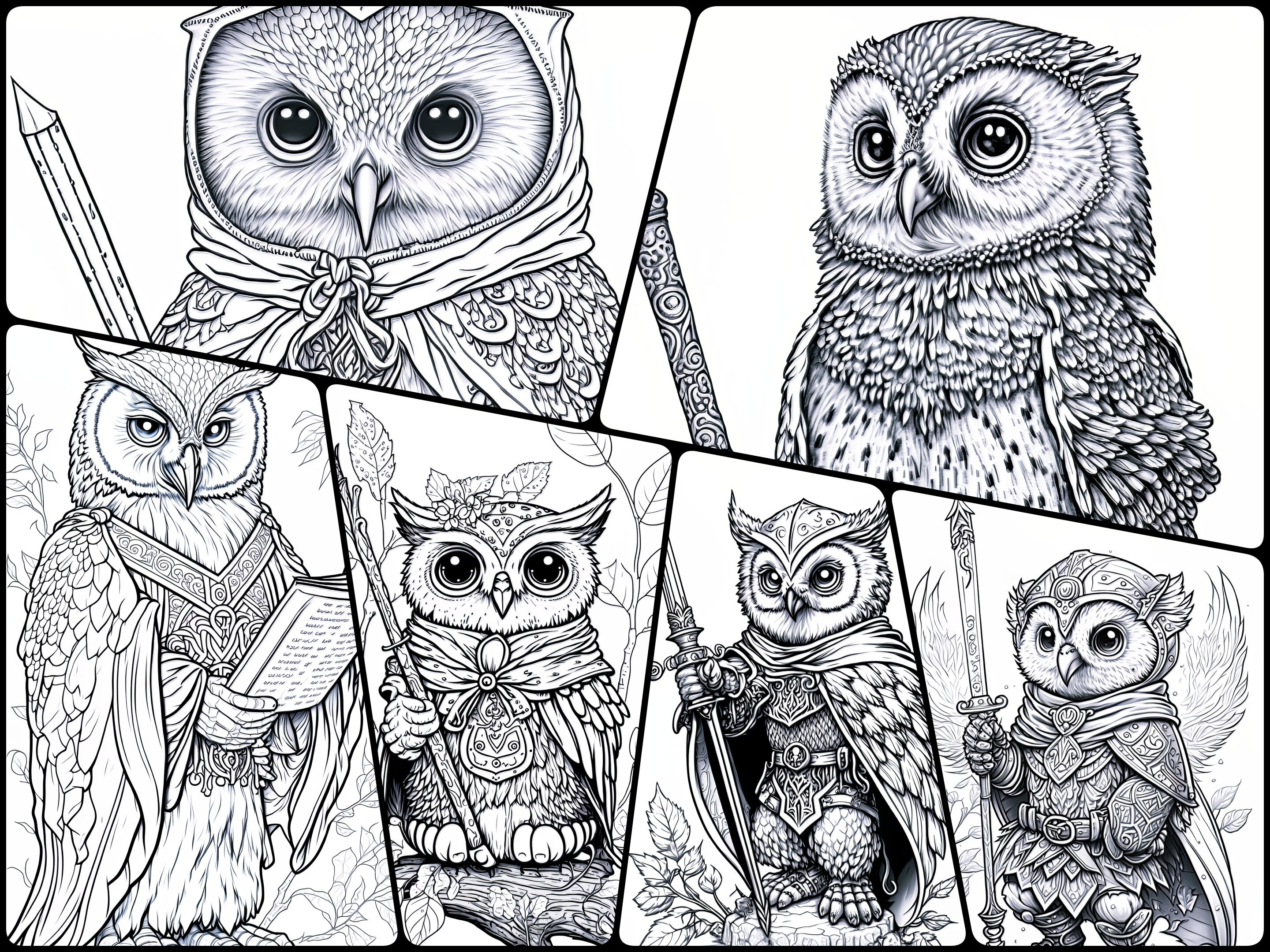 Relaxing Whimsical Owl Creatures Coloring Book for Adults grayscale ...