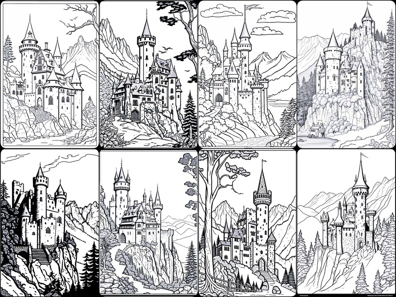Medieval Castle Coloring Pages, Grayscale Illustrations Castle ...