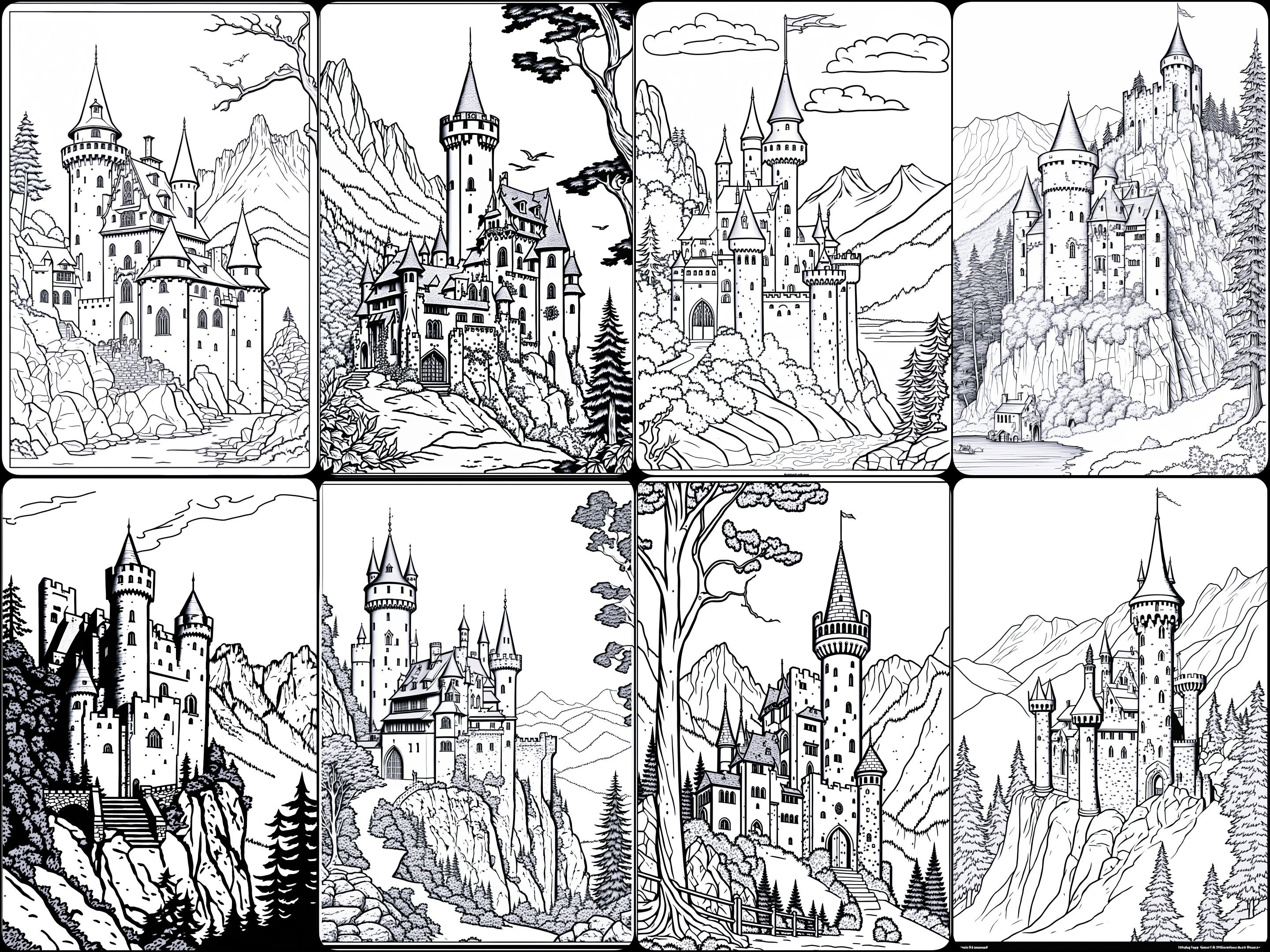 Medieval Castle Coloring Pages, Grayscale Illustrations Castle ...