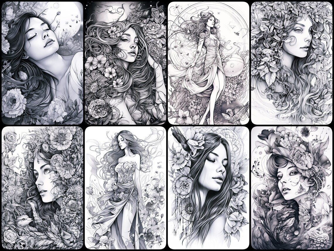 Flower Girls in Fantasy World Coloring Book printable - Etsy