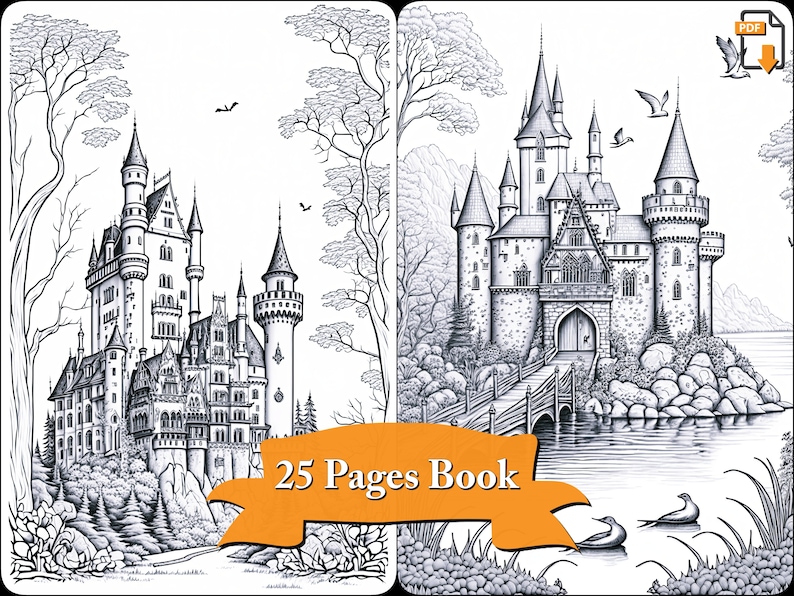 Medieval Castle Coloring Pages, Grayscale Illustrations Castle ...