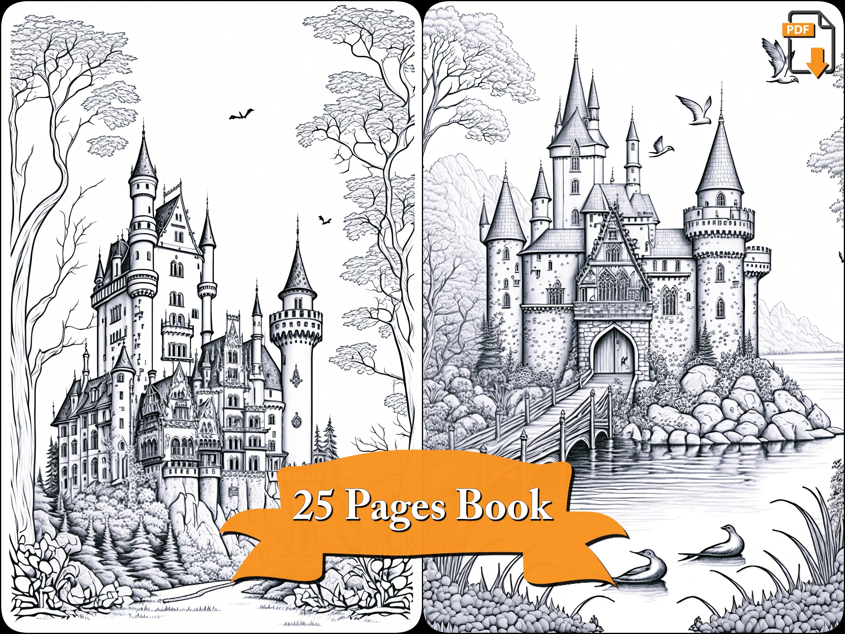 Medieval Castle Coloring Pages, Grayscale Illustrations Castle ...