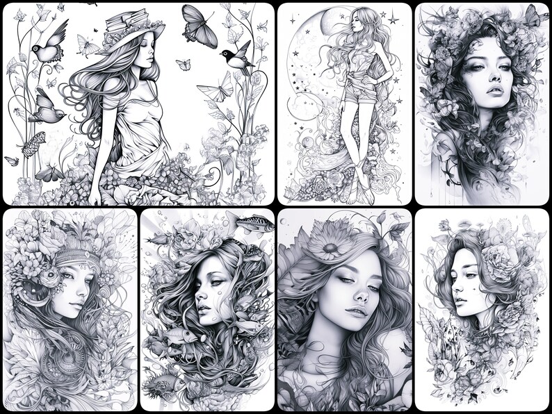 Flower Girls in Fantasy World Coloring Book printable Grayscale Pages ...