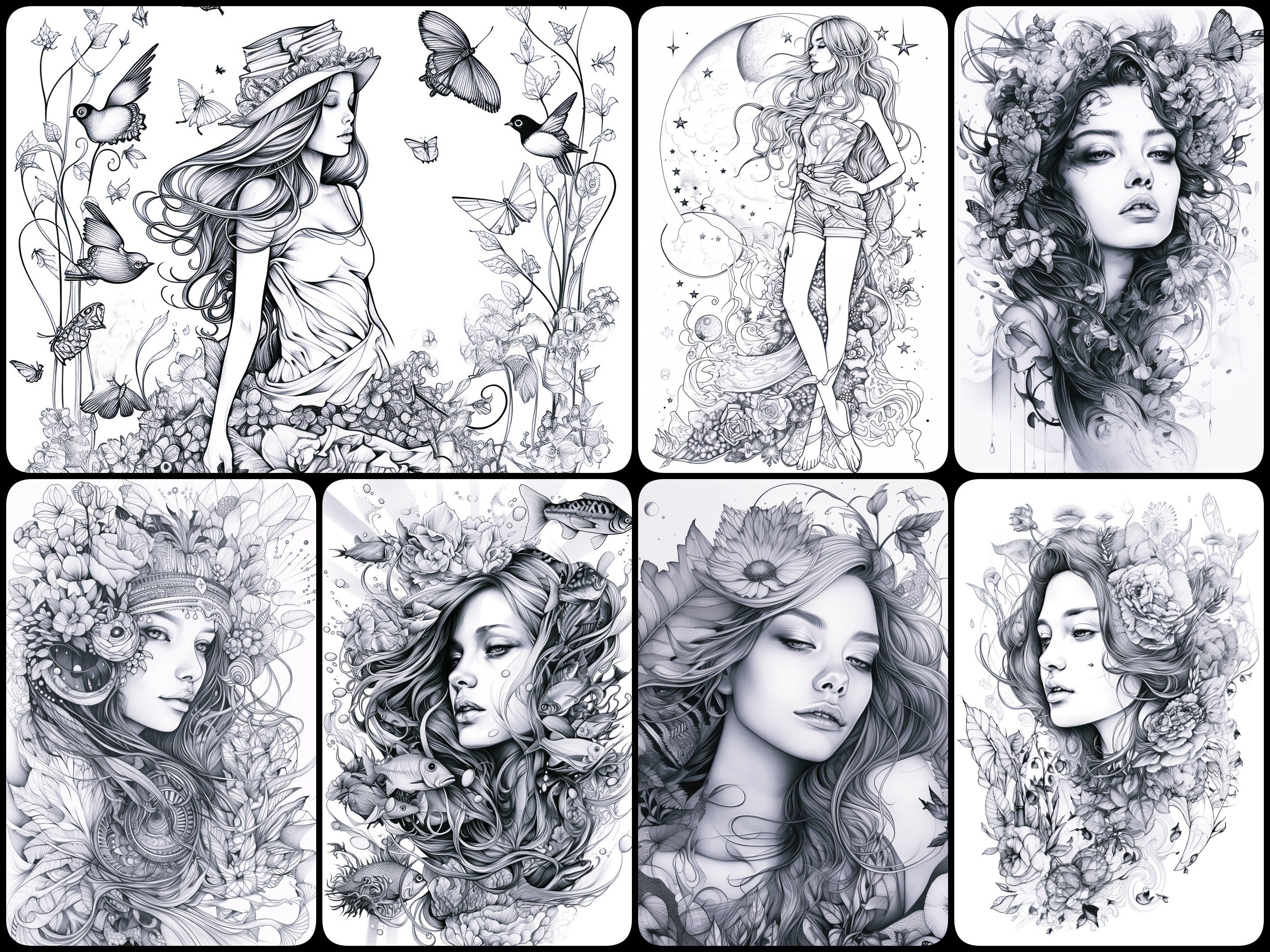 Flower Girls in Fantasy World Coloring Book printable Grayscale Pages ...